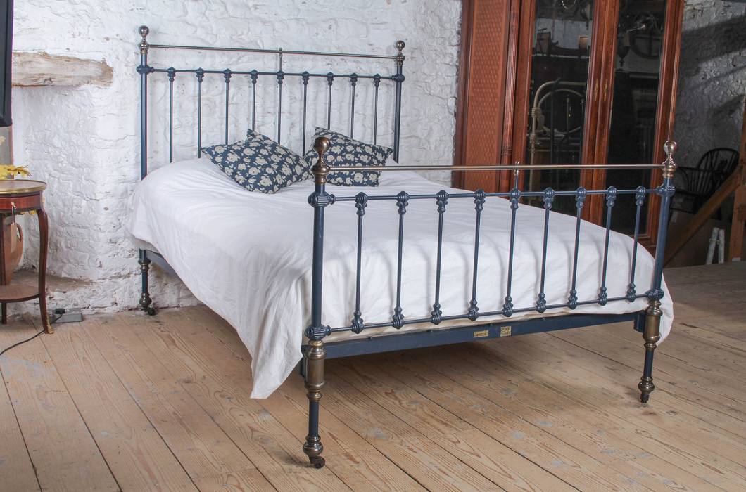Gorgeous Victorian Iron and Antiqued Brass King Size Bed in Basalt Blue